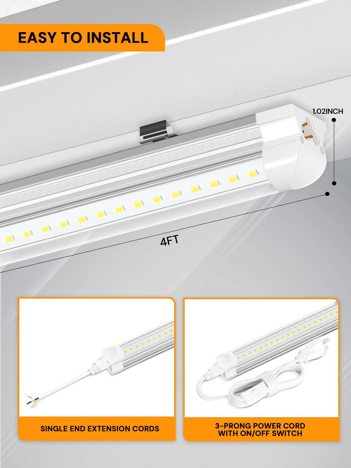 ONLYLUX LED Shop Light, 4ft 36W 5000lm 6500k Shop Lights, 4 Foot Led Light Fixture, T8 Led Tube Lights for Garage, V Shape High Output Linkable (10 Pack)
