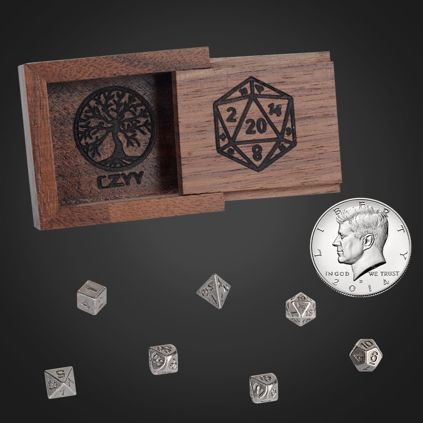 CZYY DND 6mm Micro Polyhedral Mini Dice Set + Black Walnut Wood Box Engraved with D20 & Tree of Life Perfect for Dungeons and Dragons, Tabletop RPG Cards Board Games, Silver