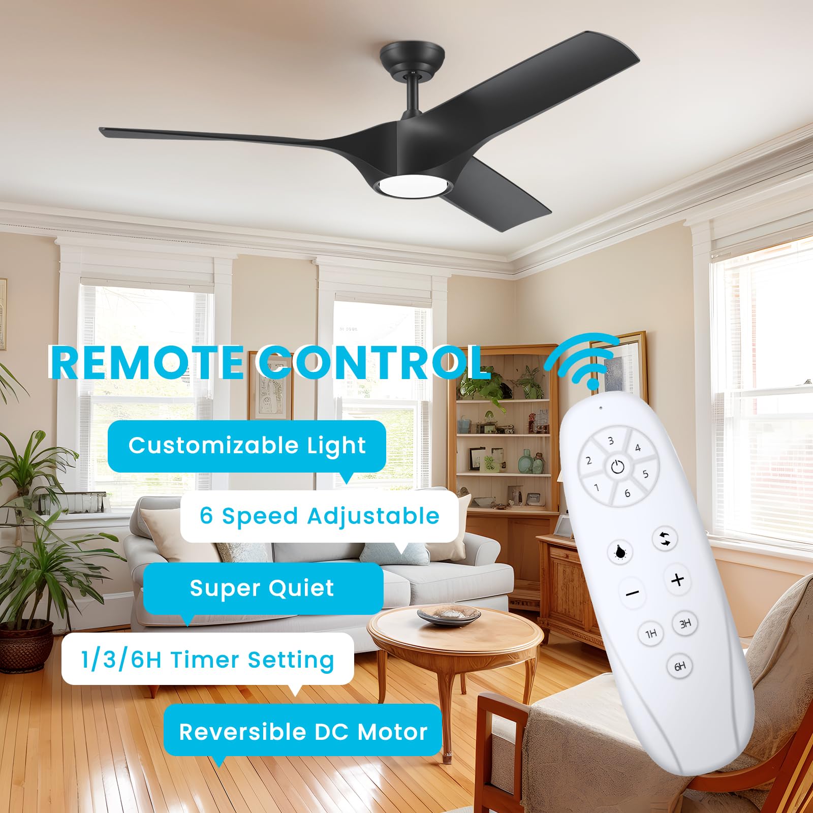 CJOY 56 inch Black Ceiling Fan, Dimmable Ceiling Fans with Lights, 3 Reversible ABS Fan Blades, Silent DC Motor, Modern Fans Lights with Remote, 6 Speeds, Timer, Indoor/Outdoor