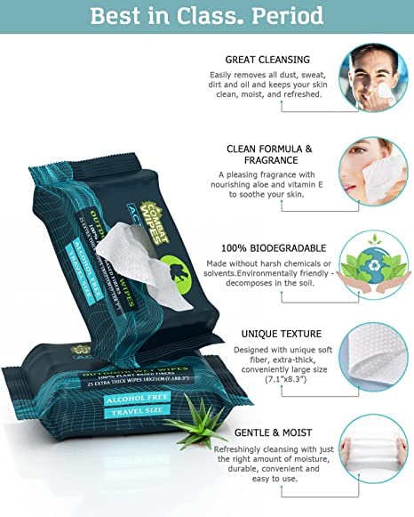 Combat Wipes ACTIVE Outdoor Wet Wipes - Extra Thick Camping Gear, Biodegradable, Body & Hand Cleansing/Refreshing Cloths for Backpacking & Gym w/Natural Aloe & Vitamin E(4 packs, 25 wipes each)