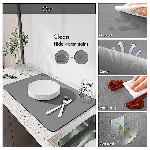 Drying Mat for Kitchen Countertops, Coffee Mat Hide Stain Rubber Backed Absorbent Dish Drying Mat (Gray, 12"x16")
