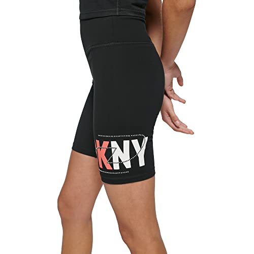 DKNY Women's Sport High Waist Rhinestone Logo Bike Short, Calypso, X-Small