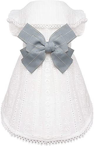 Jingmezhi Pet Cotton Embroidered Back Bowknot Hollow Out Dresses for Cat Dog Daily Clothing (S+(6.6lb~7.7lb))