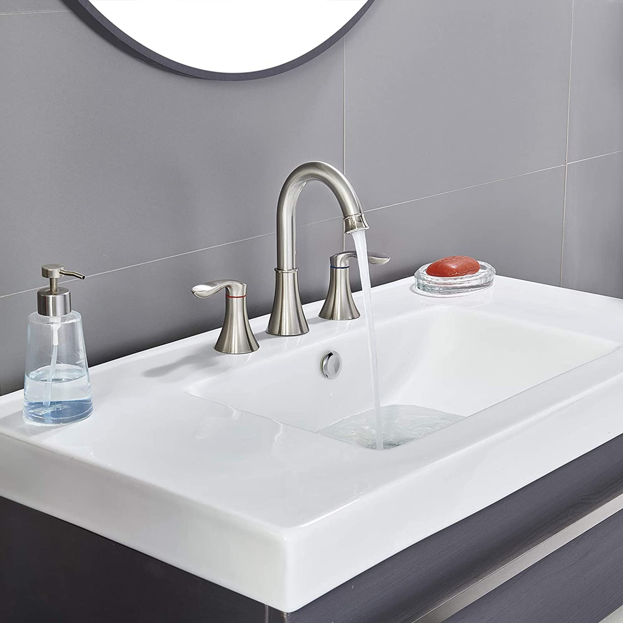 Friho Modern 2 Handle 3 Hole Brushed Nickel Widespread Bathroom Faucet, 8 inch Lavatory Vanity Swivel Spout Bathroom Sink Faucet with Water Supply Hoses and Pop Up Drain