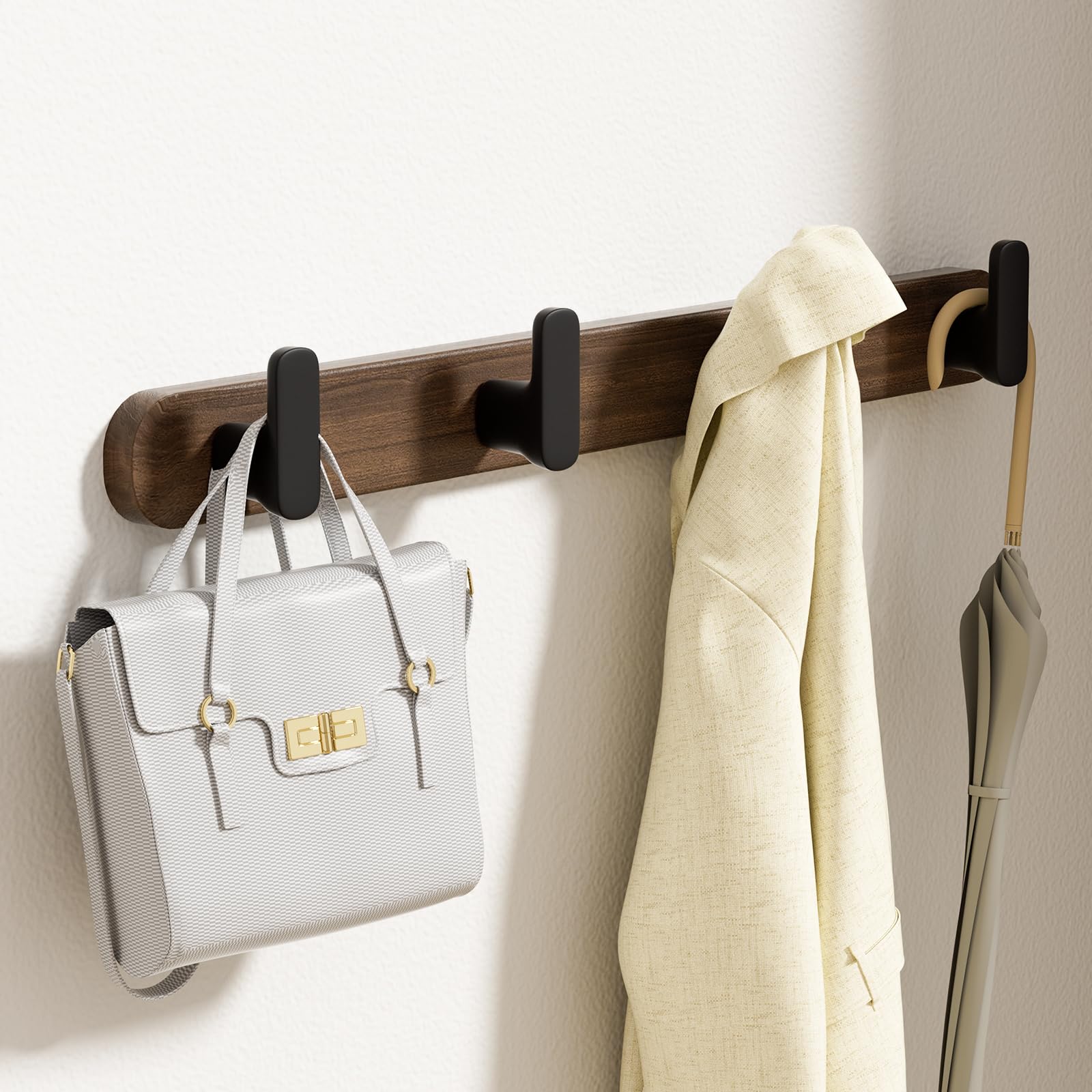FATASTY Coat Rack Wall Mount,Solid Walnut Wall Mounted Coat Rack with 4 Heavy Duty Wall Hooks for Hanging Coats,Backpacks,Towels,etc. Coat Hooks Wall Mount for Entryway, Bathroom,etc