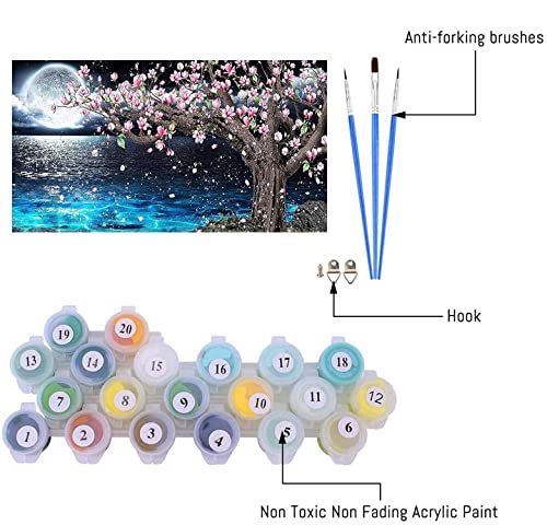 pchmcu DIY Painting by Numbers Kit for Adults ,Large Size Moon Lake Paint by Numbers for Beginner,Gifts Arts Crafts for Home Decor Tree Flower 16x23.6 Inch