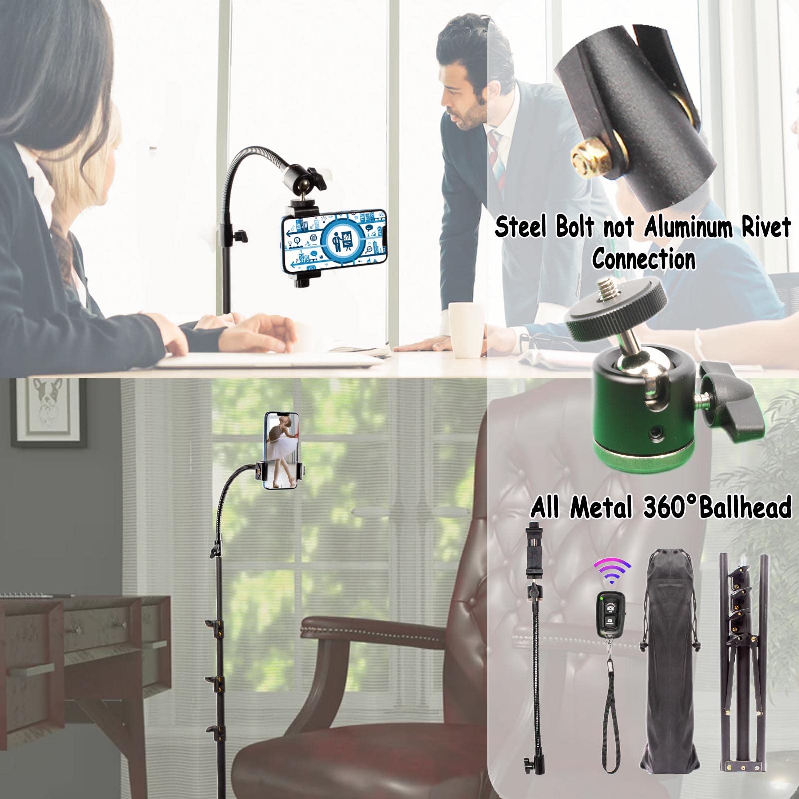 Phone Tripod, Phone Video Stand with Remote, Height Adjustable Ball Head, Gooseneck Phone Floor Holder for iPhone15, iPhone15 Plus, iPhone15 Pro, iPhone15 Pro Max, iPhone 14,14 Pro, Plus, 13, 12, 11