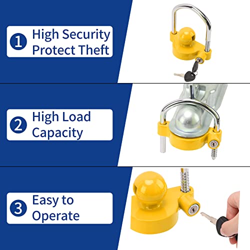 METOWARE Trailer Coupler Lock Universal Adjustable Heavy-Duty Steel Trailer Hitch Lock, Anti Theft Trailer Ball Lock Towing Lock for Towing Trailer Security Fits 1-7/8",2β, 2-5/16" Coupler Yellow