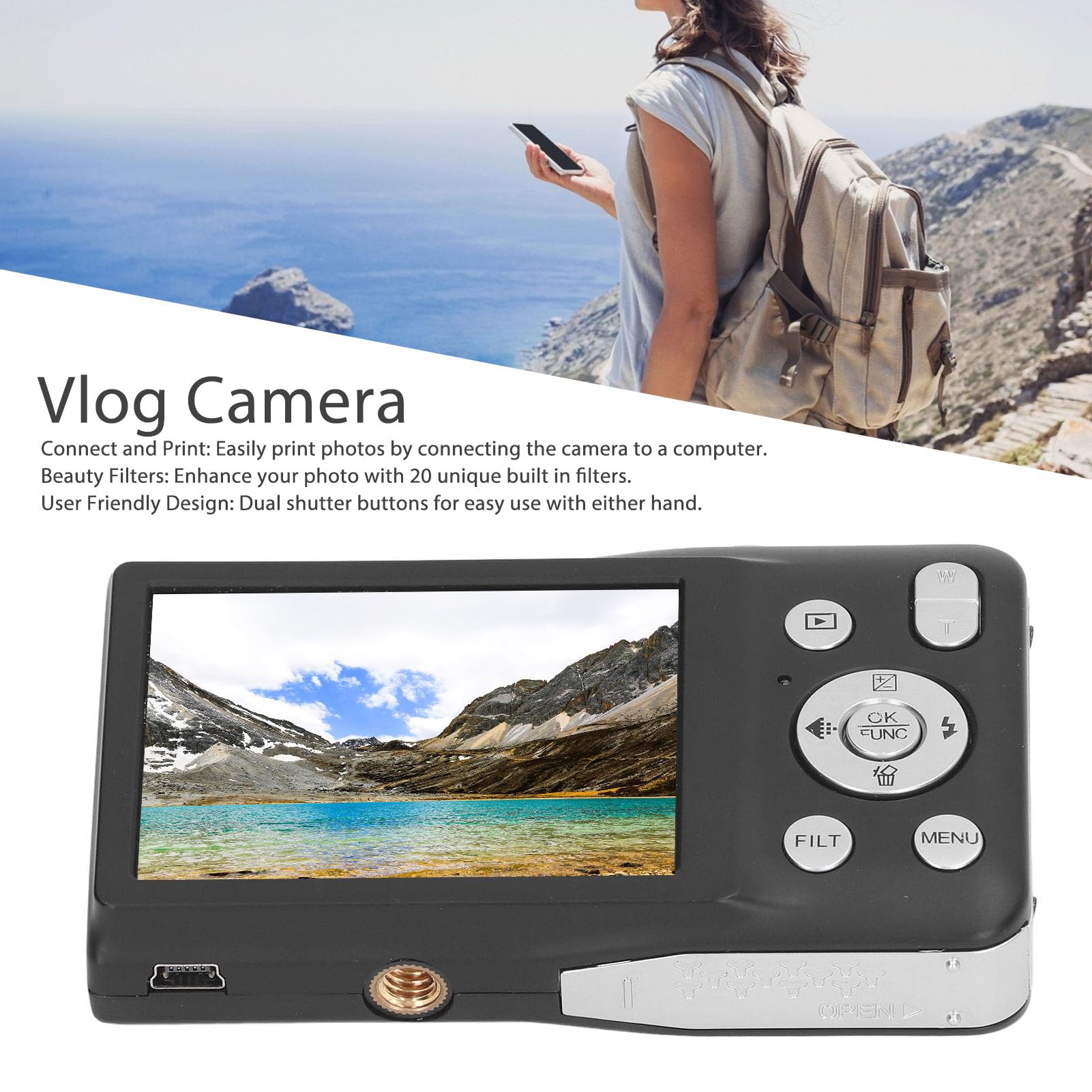 Digital Camera, FHD 8K 68MP Vlogging Camera with 2.7 inch HD Screen, 16X Digital Zoom, Portable Video Camera for Travel, Compact Point and Shoot Camera for Student, Beginner