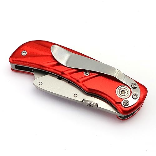 Folding Utility Knife/Box Cutter Stainless Steel with Clip + Nylon Pouch + 5 Extra SK5 Blades Red