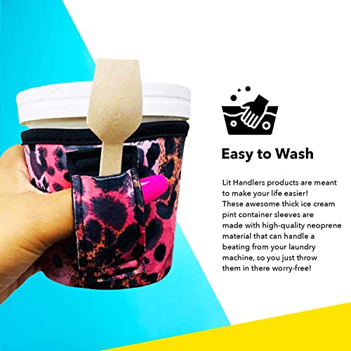 Lit Handlers Ice Cream Cooler Sleeve - Neoprene Pint Holder with Handle and Pocket - Tear Resistant Cooler - Machine Washable & Leak Proof Cup Cover for Frozen Desserts(Cowhide w/Turquoise Leather)