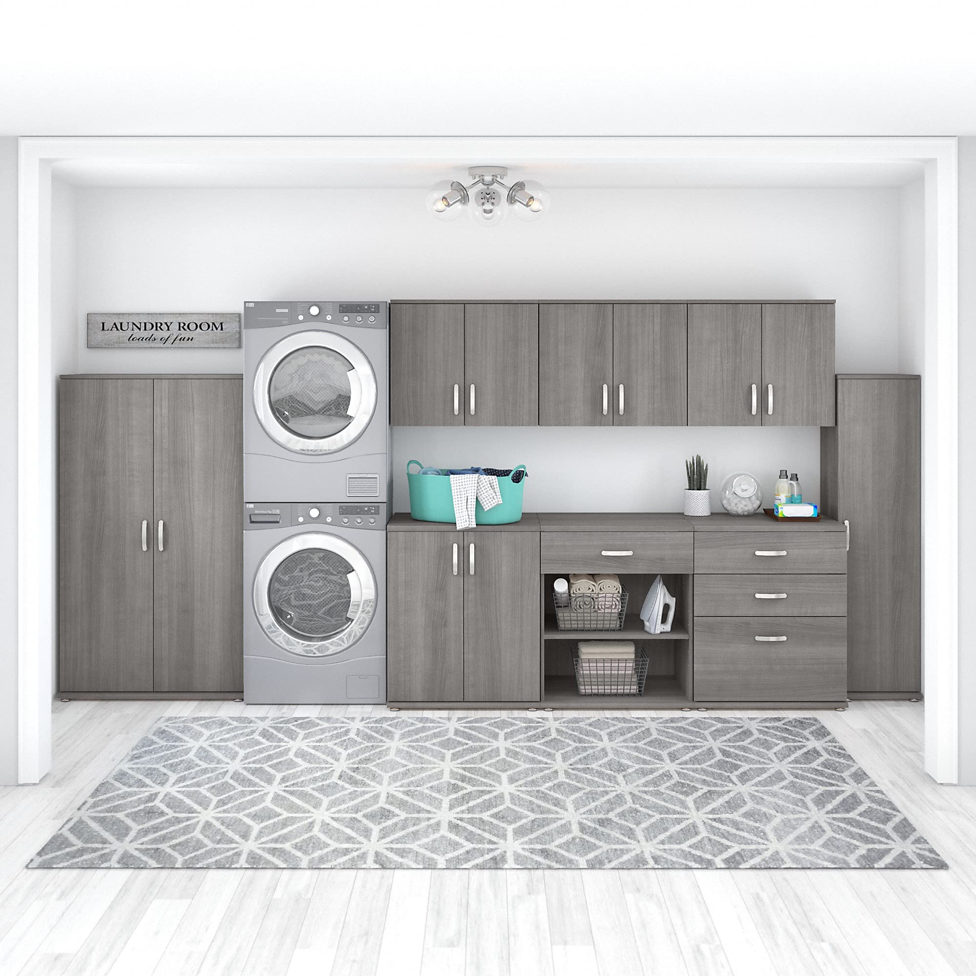 Bush Business Furniture Universal 8 Piece Modular Laundry Room Storage Set with Floor and Wall Cabinets, Platinum Gray