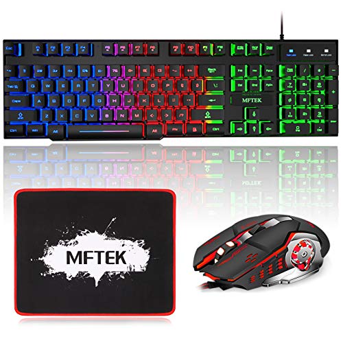 MFTEK Gaming Keyboard and Mouse Combo with Large Mouse Pad, RGB Rainbow Backlit Gaming Keyboard and Illuminated Gaming Mouse, USB Wired Set for Computer PC Gamer Laptop Office Work