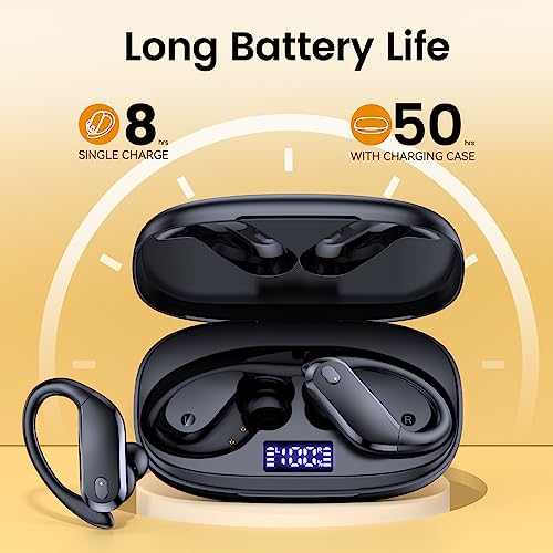GNMN Bluetooth Headphones Wireless Earbuds V5.3 Over Ear Buds 50Hrs Playback Wireless Charging Case Waterproof Earphones Sports Headset with Earhooks & Dual Power Display for Running Workout