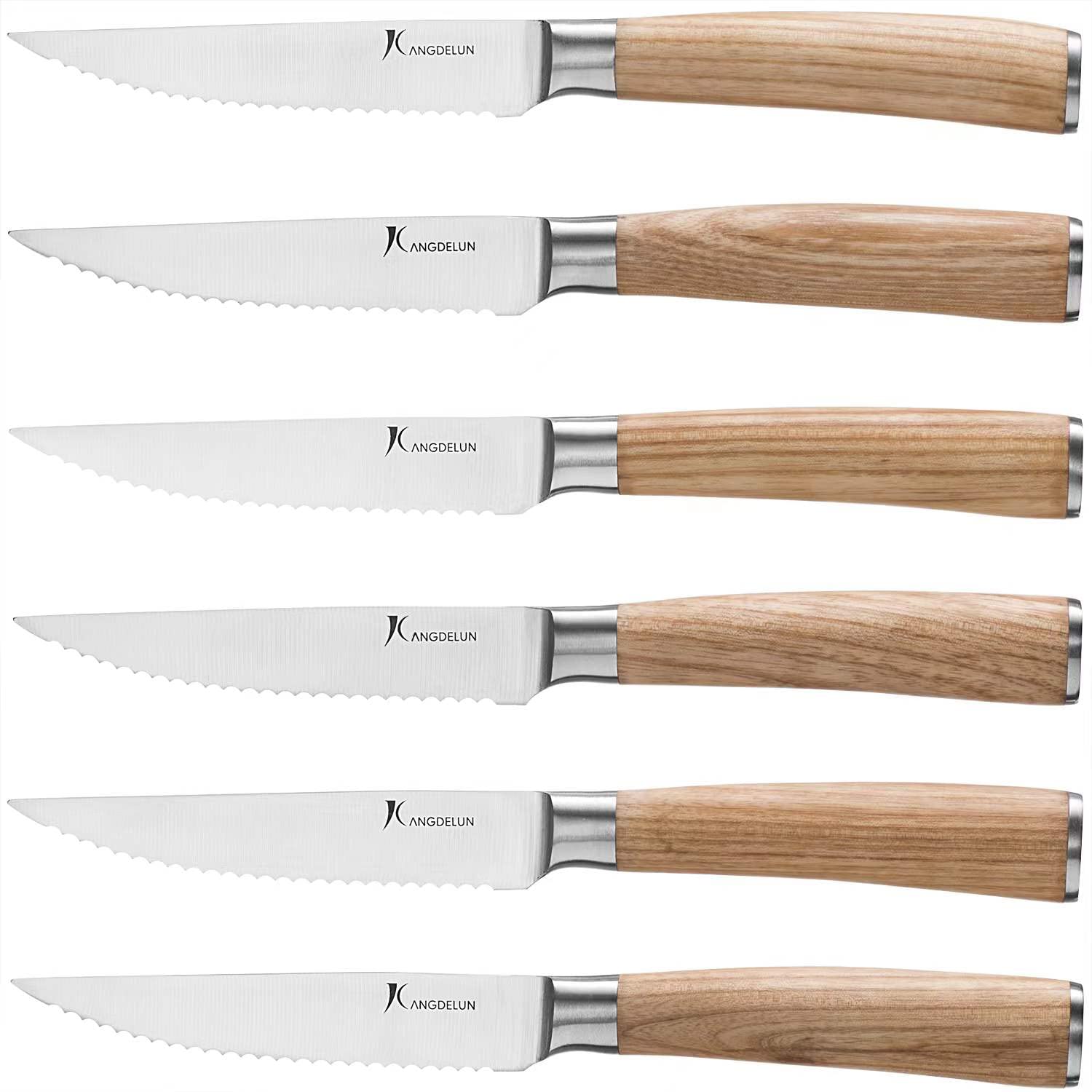 kangdelun Natura Series 4.5â Serrated Steak Knife Set of 6, High Carbon Stainless Steel, Wooden Handle