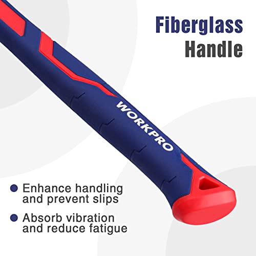WORKPRO 2 Piece Claw Hammer Set, 8 oz Mini Stubby Claw Hammer&16 oz Fiberglass General Purpose Claw Hammer, Soft Nonslip Handle & Heat Treated Head