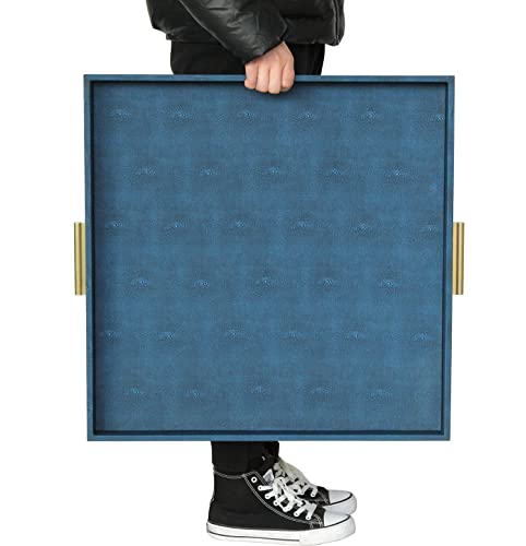 HofferRuffer Extra Large Square Serving Tray, Elegant Faux Leather Ottoman Tray with Gold Hardware Handles, Serve Tea, Coffee or Breakfast in Bed, 24 x 24 inches (Navy Blue Shagreen)