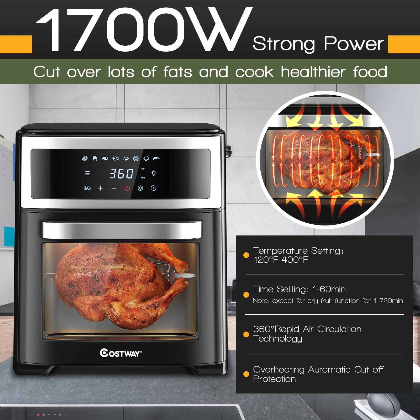Costway 13.7-Quart Large Capacity Air Fryer with 8 Preset Cooking Menus, 360 Rapid Air Circulation Technology, 1700W Motor, Oil-Free Crispy Food, Smart Control Panel, 9 Accessories