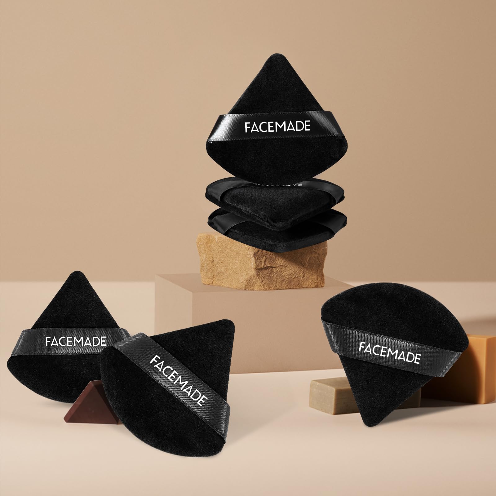 FACEMADE 12 Pieces Face Powder Puff with a Travel Case, Soft Makeup Puff with a Container, Triangle Velour Makeup Sponge for Loose Powder Body Powder, Beauty Makeup Tools, Black