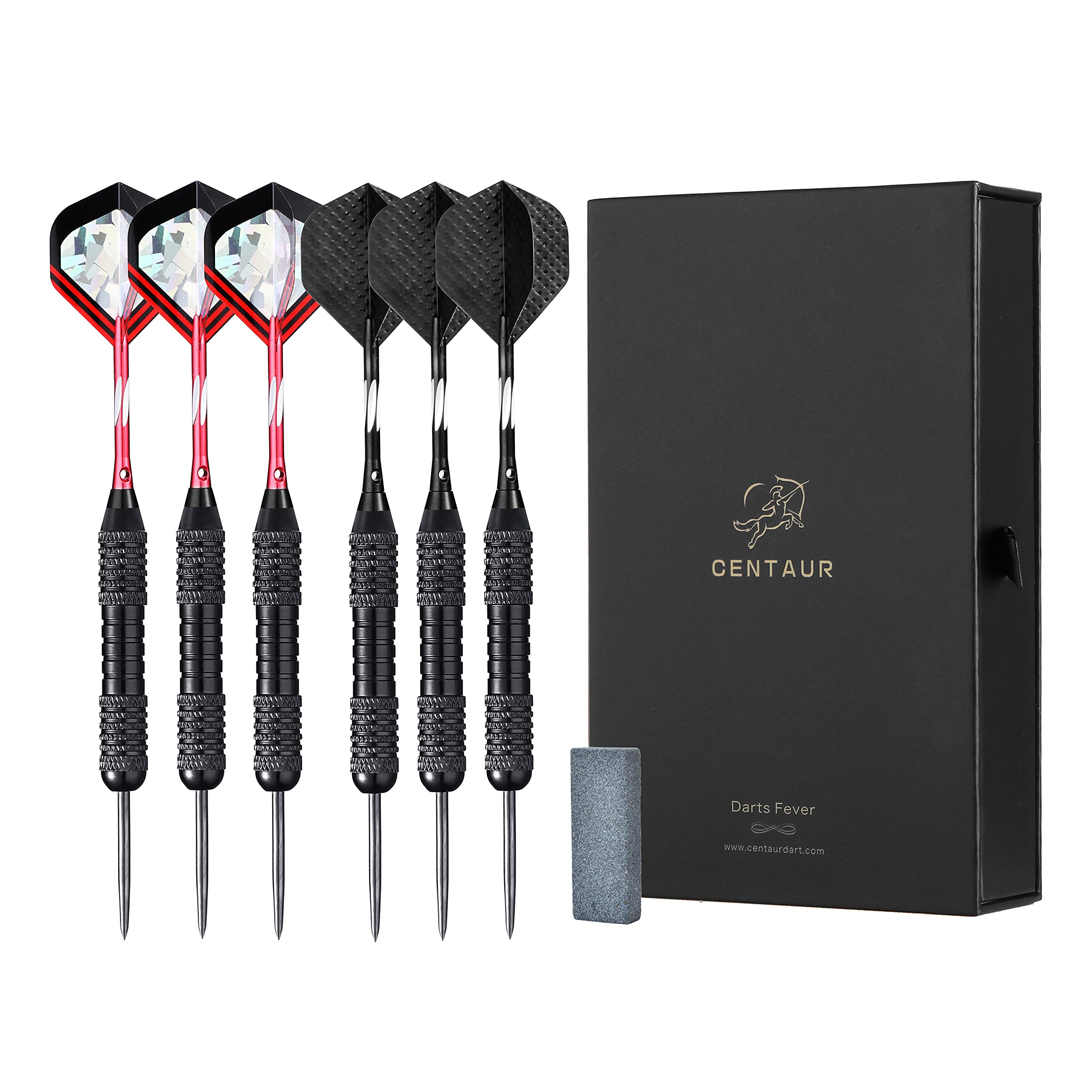 centaur 6 Pack Steel Tip Darts, Professional Metal Dart Tips Set 22 Grams with Aluminum Shafts and 2 Style Flights + Dart Sharpener + Dart Case…