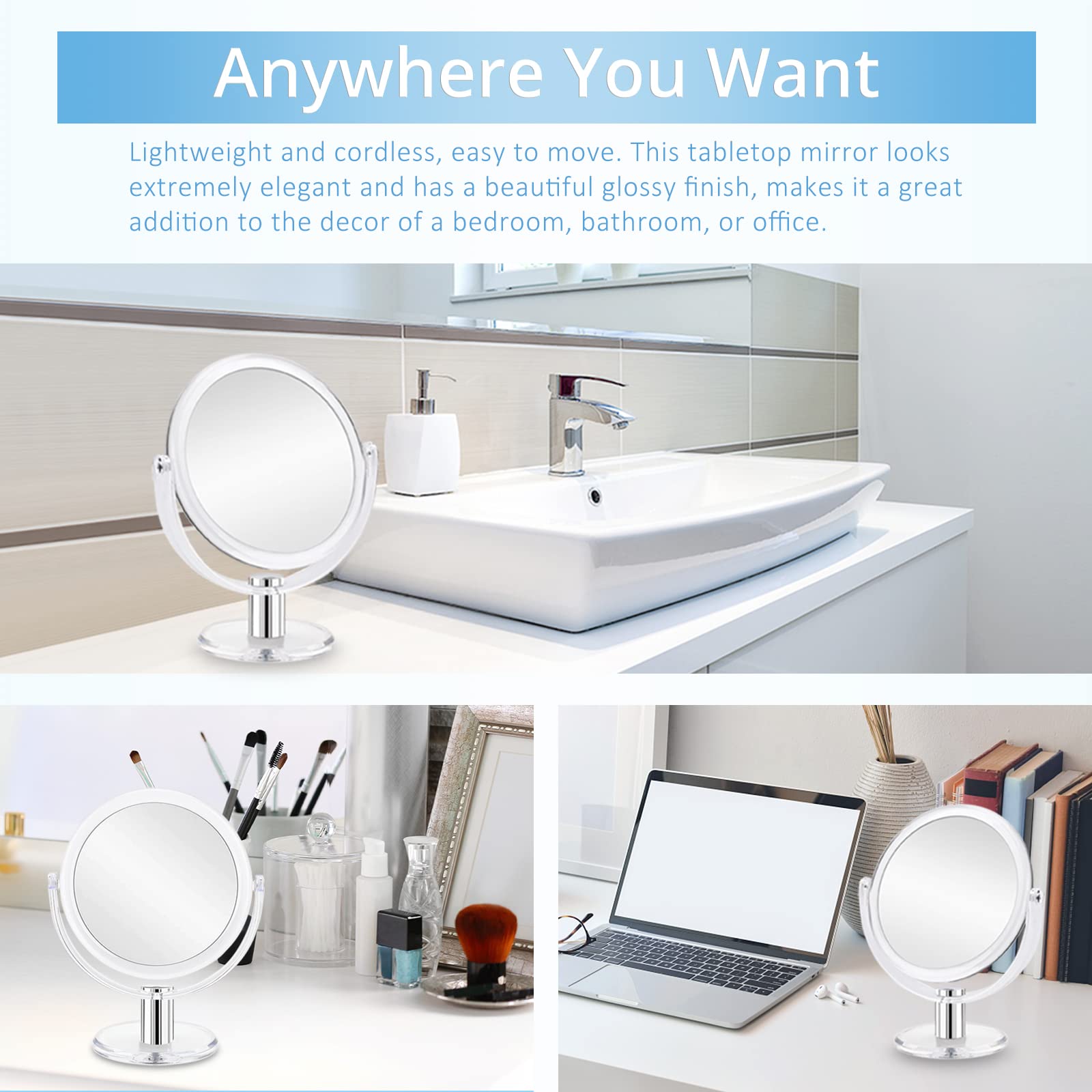 Fabuday Magnifying Makeup Mirror Double Sided - Desk Vanity Mirror with 1X & 15X Magnification, Two Way Make Up Mirror with Stand, Magnified Tabletop Cosmetic Mirror for Bathroom, Transparent