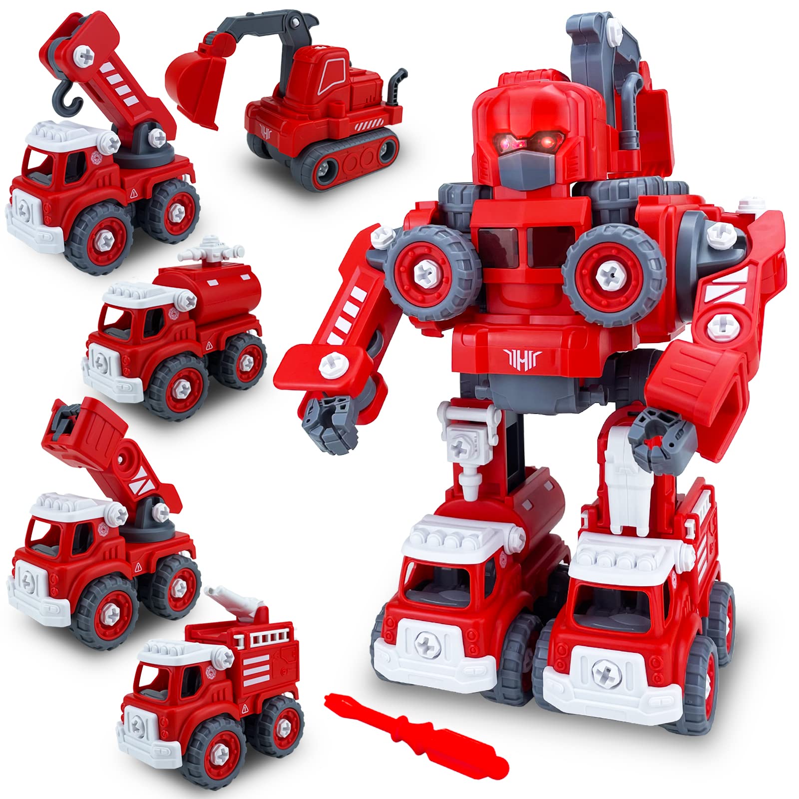Ynanimery Transformation Robot,5 in 1 Deformation Robot Toy for Kids, Take Apart Robot Composed of Construction Toy Truck for Boys Age 4 5 6 7 8-12 Year Old, Kids STEM Building Gift,Red