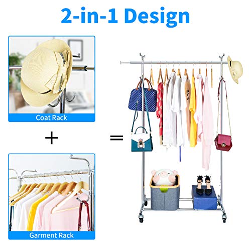 HOUSE AGAIN Adjustable 2-in-1 Heavy-Duty Garment Rack Clothes Coat Rack Rolling with Foot Operated Lockable Wheels, Extra Strength Clothes Rack for Hanging Clothes, Shoes Organizing, Chrome