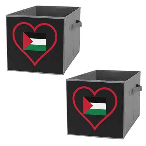 I Love Palestine Red-Heart Fashion Storage Bins Foldable Organizer Cubes 10.6" Collapsible Box Home Ofice Supplies 2PCS