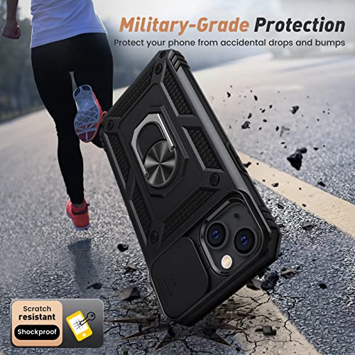 Goton Armor Case for iPhone 14 Case & iPhone 13 Case with Slide Camera Cover & Kickstand, Heavy Duty Military Grade Protection Phone Case, Built-in Rotate Ring Stand, Shockproof Rugged Case Black
