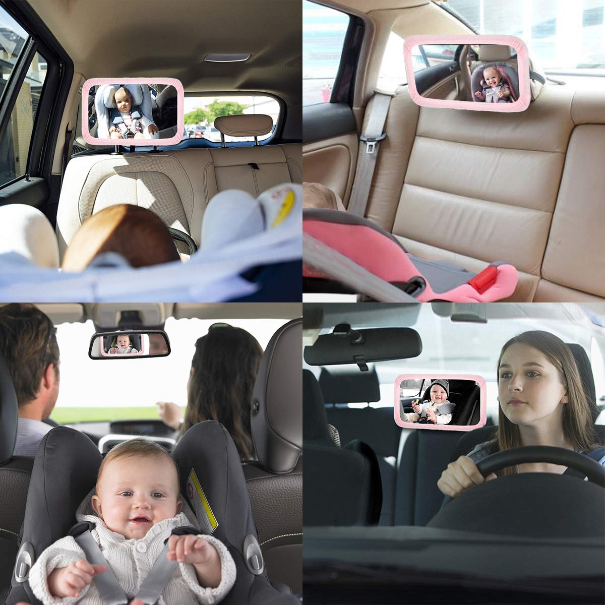 FACIACC Baby Car Mirrors for Back Seat, 360° Rotation Rear View Car Seat Mirror Safety Shatterproof Infant Rear Facing Mirror, Easy Assembled (Black+Pink)