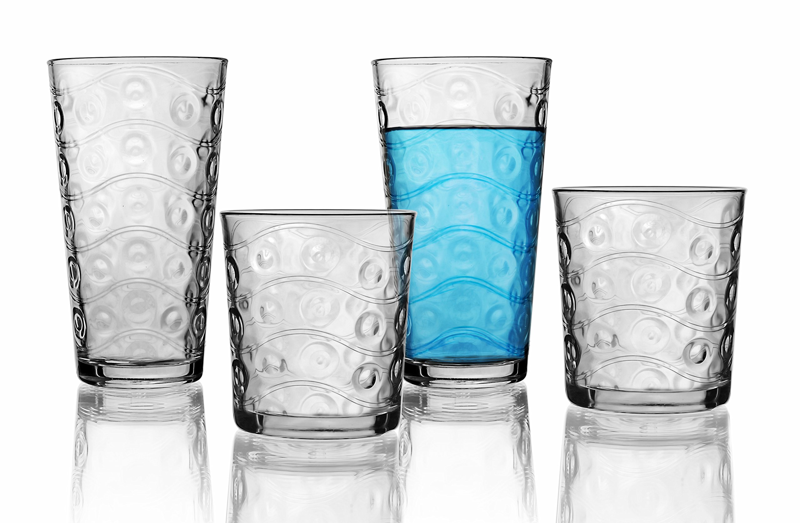 Circleware Cosmo Huge 16-Piece Glassware Set of Highball Tumbler Drinking Glasses and Whiskey Cups for Water, Beer, Juice, Ice Tea Beverages, 8-15.75 oz & 8-12.5 oz, Parade