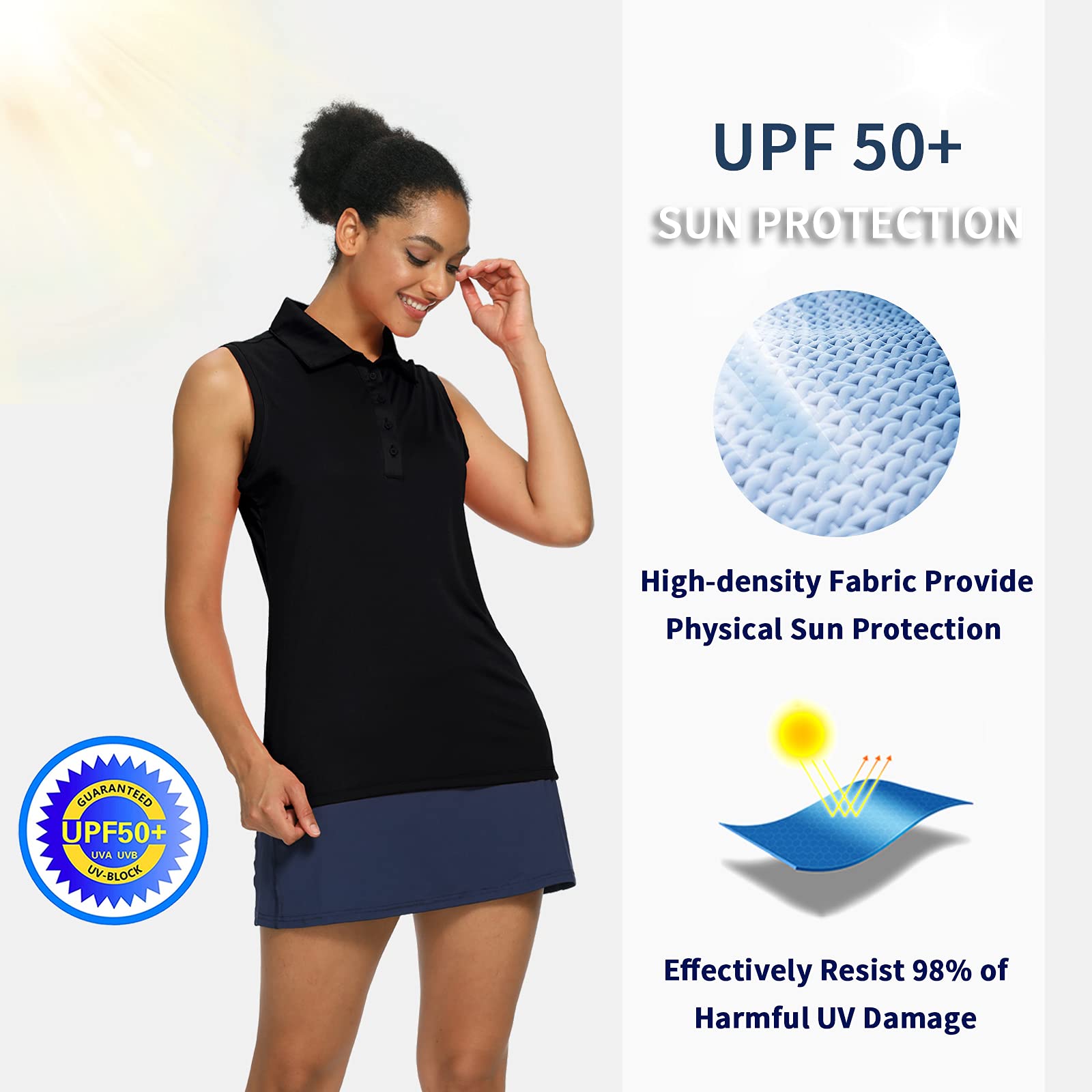 CQC Women's Golf Tennis Sleeveless Polo Shirts Quick Dry Athletic Tank Tops UPF 50+ Black M
