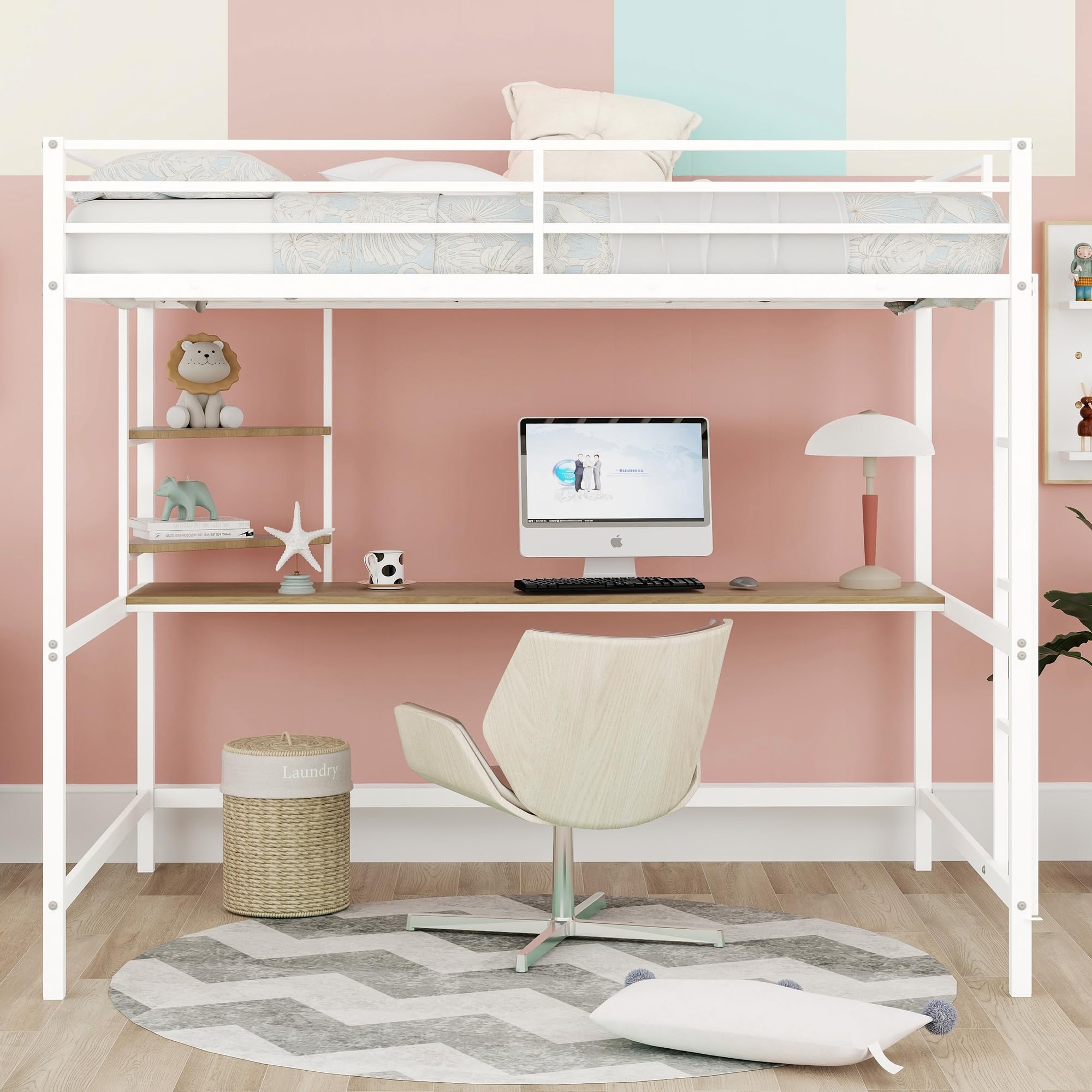 Full Size Loft Bed with Desk and Storage Shelves,Heavy-Duty Loft Bed Full for Kids,Metal Loft Bed Frame with Safety Guardrail,Space-Saving(Full,White)