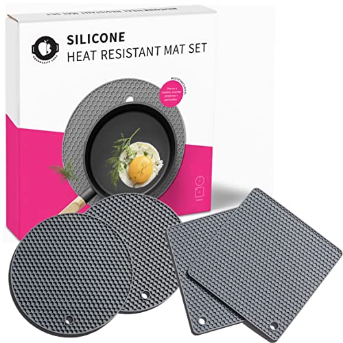 Gourmanity Cook 4 Pack, Silicone Trivet Set | Heat-Resistant Mats for Countertops | Grey Silicone Hot Pads for Kitchen | Non-Slip Silicone Trivets for Hot Pots & Pan