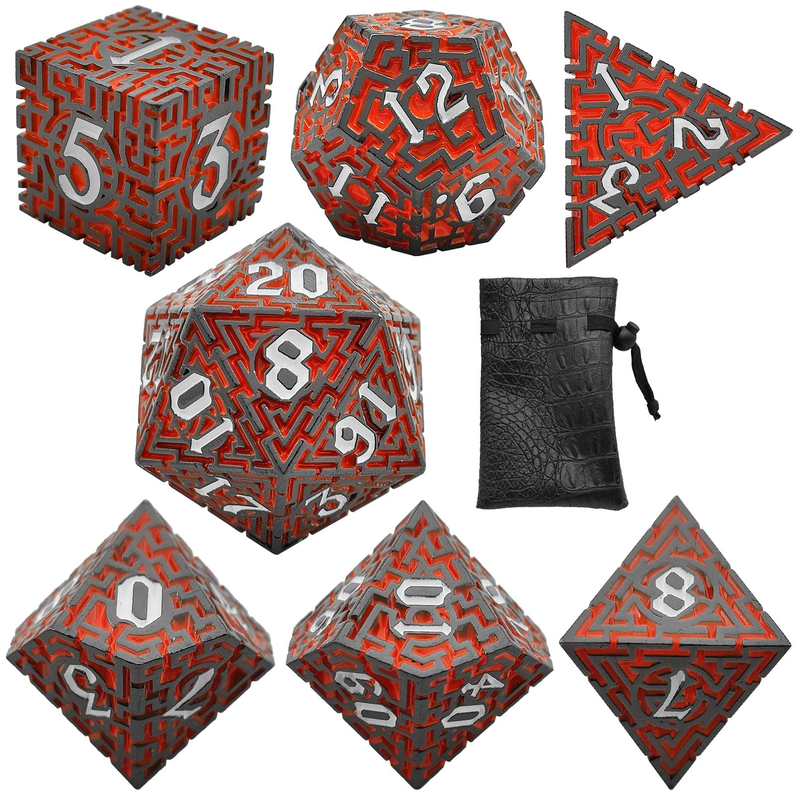 DND Metal Dice Set D&D Dungeons and Dragons Dice Polyhedron RPG Pathfinder MTG Table Games D and D Accessories 7pcs D20 D12 D10 D% D8 D6 D4 with Black Leather Bag Gift-Nickel Orange White