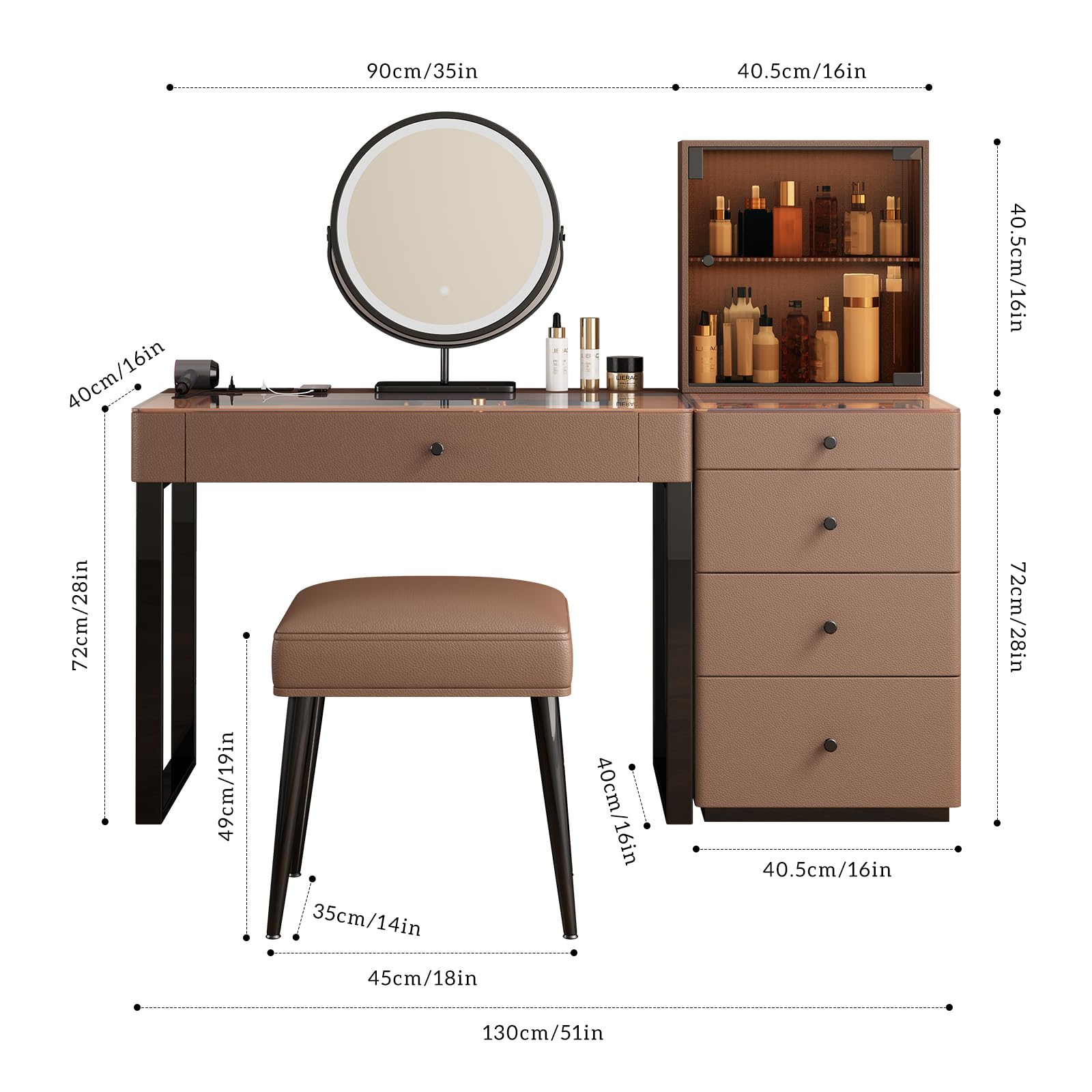 GrxGry Vanity Table Set, Premium Solid Wood Vanity Desk with Multi-Plug Outlet, Desktop Cabinet for Large Bottles, HD Smart Mirror, Multi-Depth Side Drawers for Various Sized Objects (Khaki-51IN)