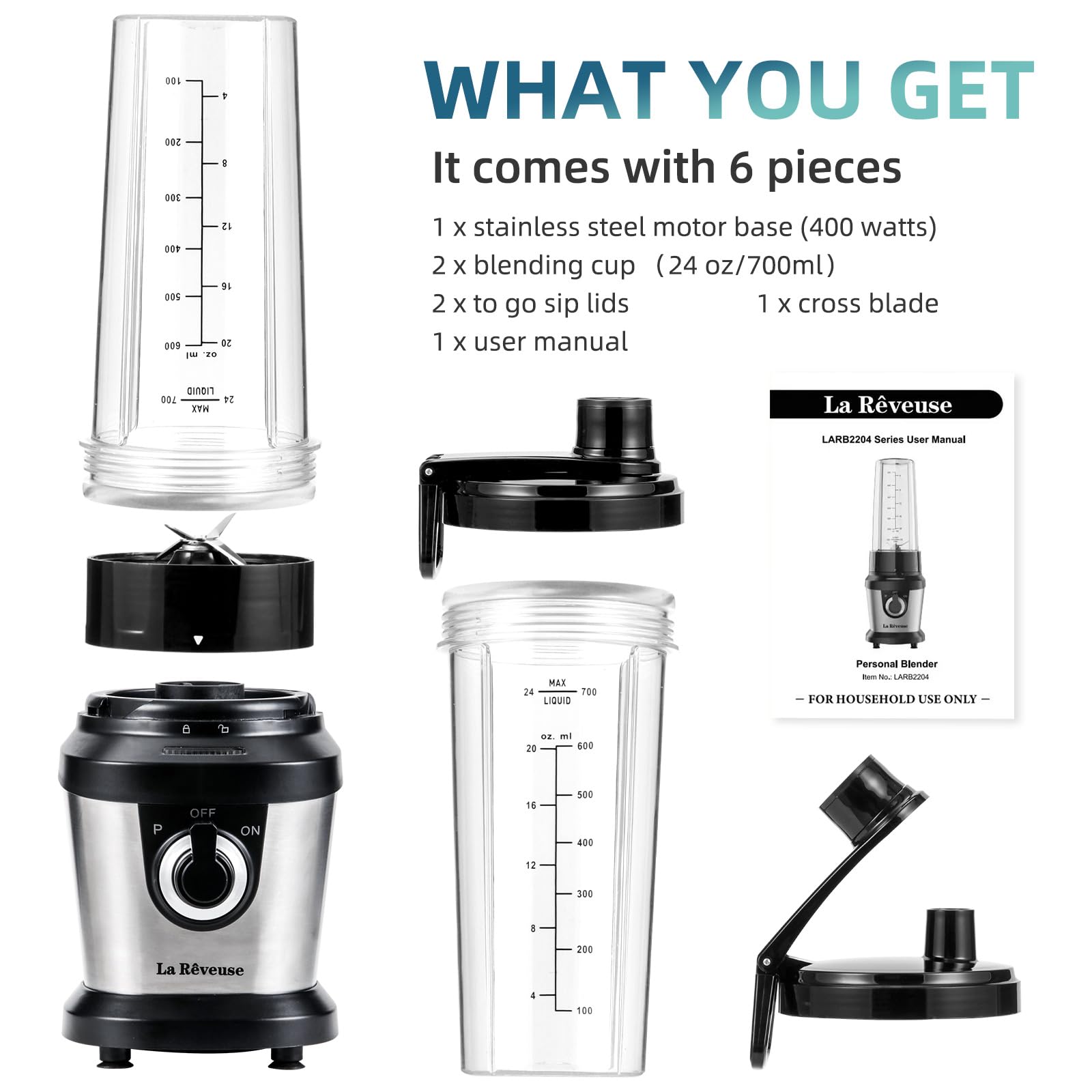 La Reveuse Electric Smoothie Blender for Shakes and Smoothies,Licuadora 400W, with 2 x 24 Oz Blender Cups,Single Serve Smoothies Maker for Juices