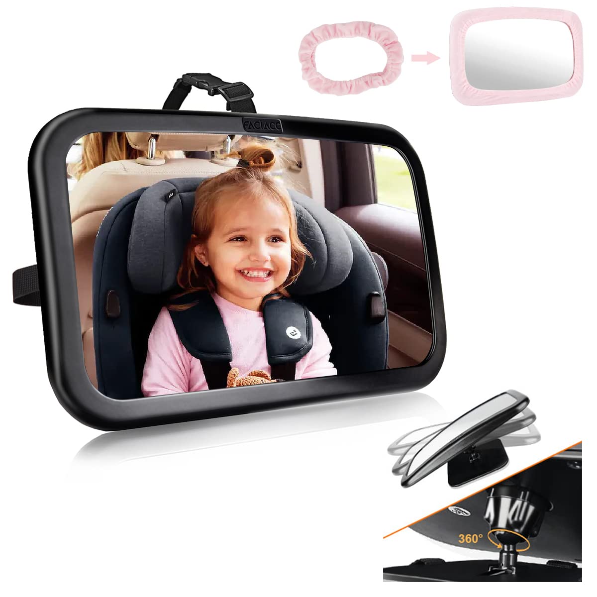 FACIACC Baby Car Mirrors for Back Seat, 360° Rotation Rear View Car Seat Mirror Safety Shatterproof Infant Rear Facing Mirror, Easy Assembled (Black+Pink)