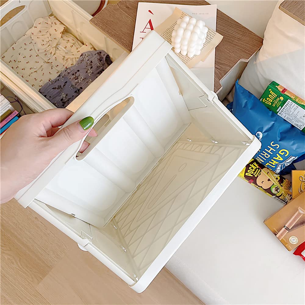 CIROANNELISE Collapsible Storage Bins, 30 Quart Plastic Storage Crates with Wooden Lid, Folding Plastic Stackable Utility Crates with Strengthened Wall, Dormitory, Car,Office (White)