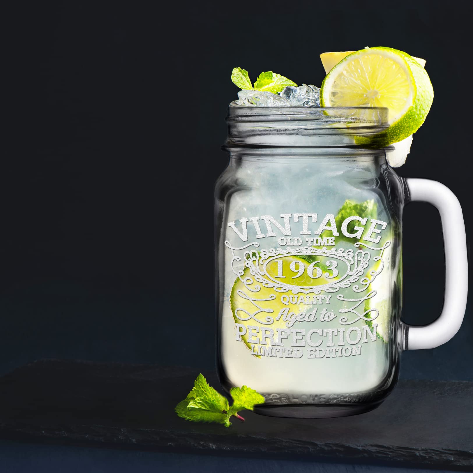 Cuptify 60th Birthday Gift for Women and Men Vintage 60 Years Old Time 1963 Etched Mason Jar Glass 16 oz Drinking Glasses with Handle