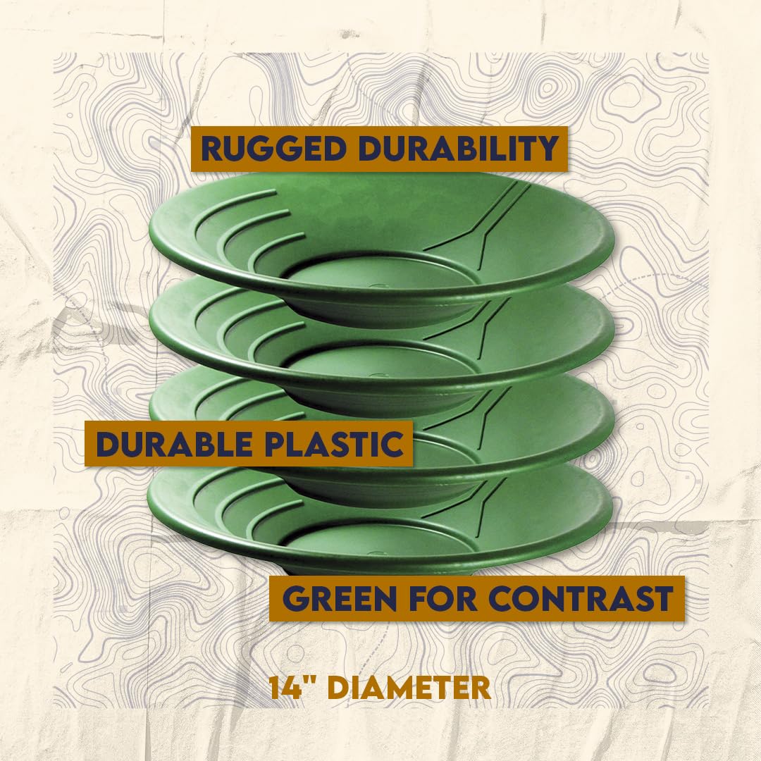 SE 14 Inch Gold Panning Pan - Three Riffles for Easier Mining and Prospecting (4 Pack Green)