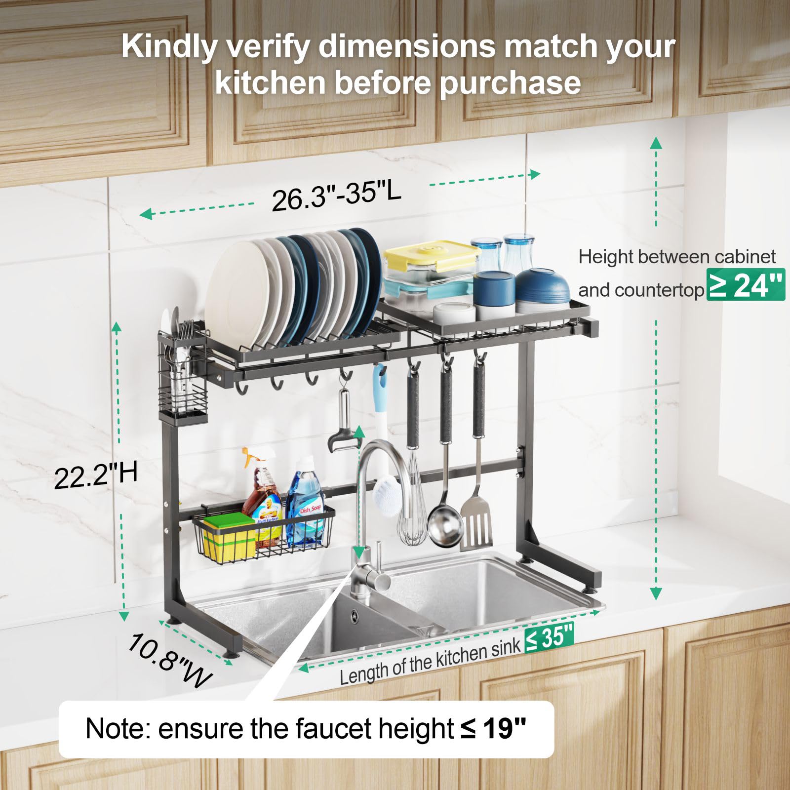 GSlife Over The Sink Dish Drying Rack - Adjustable (26.3"-35") Dish Rack Over Sink with Upper Dual Bars, 3 Baskets, Hooks, Cutlury Holder, Large Dish Drainer Drying Rack for Kitchen Sink, Black