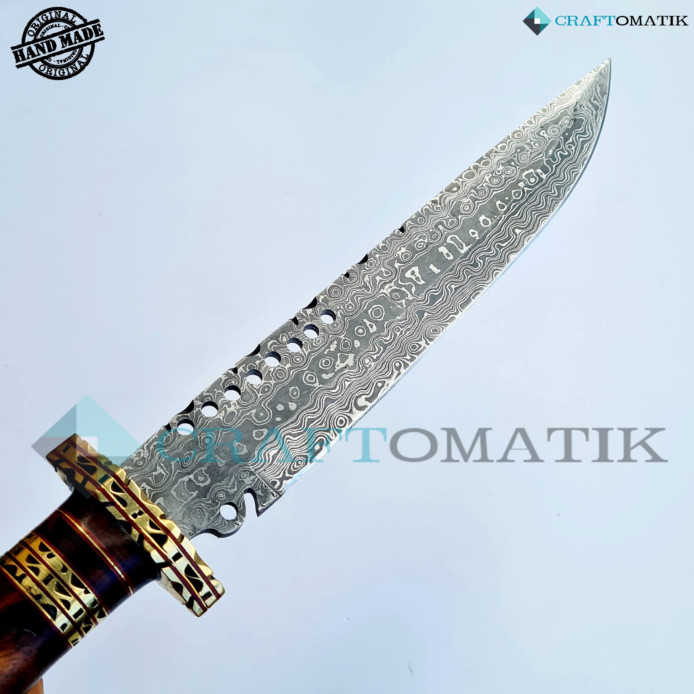 CRAFTOMATIK Hunting Knife Elite | Damascus Steel Walnut Wood and Brass Bowie DHK91, brown, 40 cm