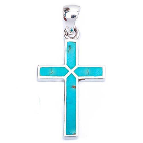 Cross Pendant Cross Charm Simulated Blue Turquoise 925 Sterling Silver (30mm)