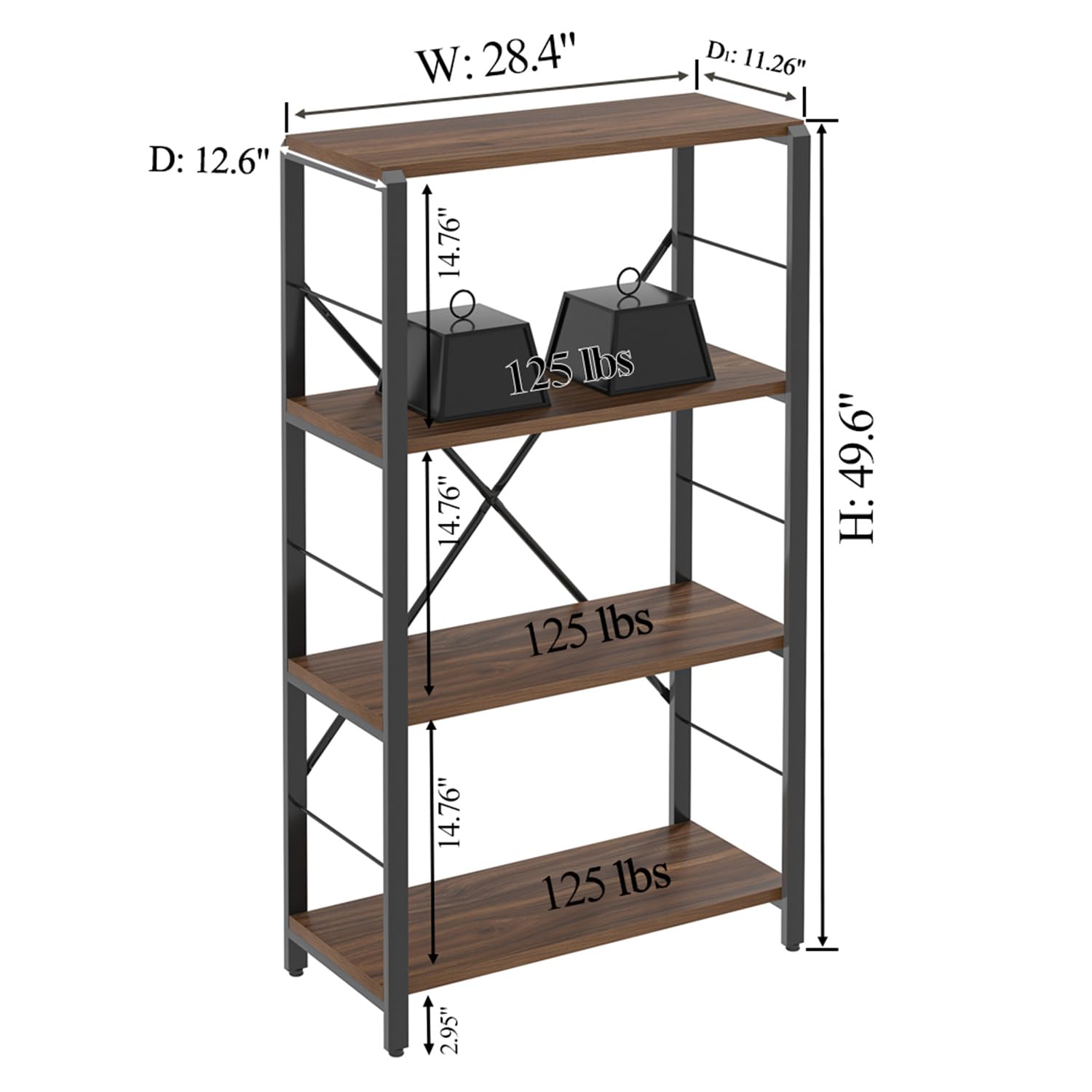 FOLUBAN Modern Bookshelf, 4 Tier Open Display Storage Book Shelf Organizer, Industrial Metal and Wood Bookshelves and Bookcases for Living Room Bedroom Office, Rustic Walnut