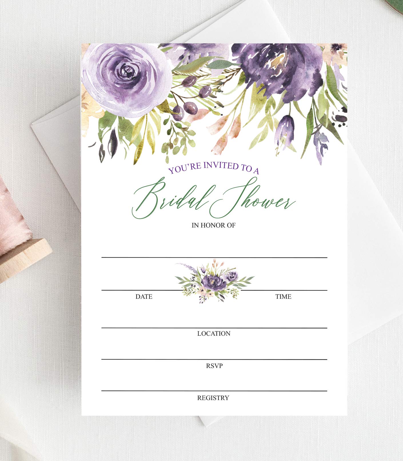 Moonrise Papery Set of 25 Purple Bridal Shower Invitations with Envelopes β Fill-in Style Invites with Envelopes