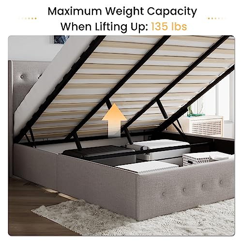 SHA CERLIN King Size Lift Up Storage Bed/Button Tufted Wingback Headboard/Hydraulic Storage/Upholstered Platform Bed Frame/No Box Spring Needed/Wood Slats Support/Light Beige