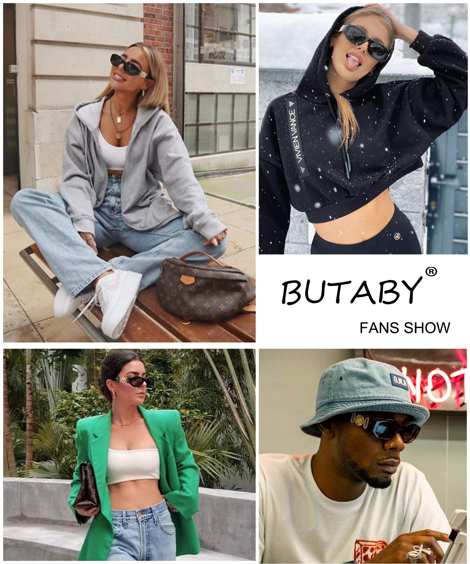 BUTABY Rectangle Sunglasses for Women Retro Driving Glasses 90’s Vintage Fashion Irregular Frame UV400 Protection Black & White