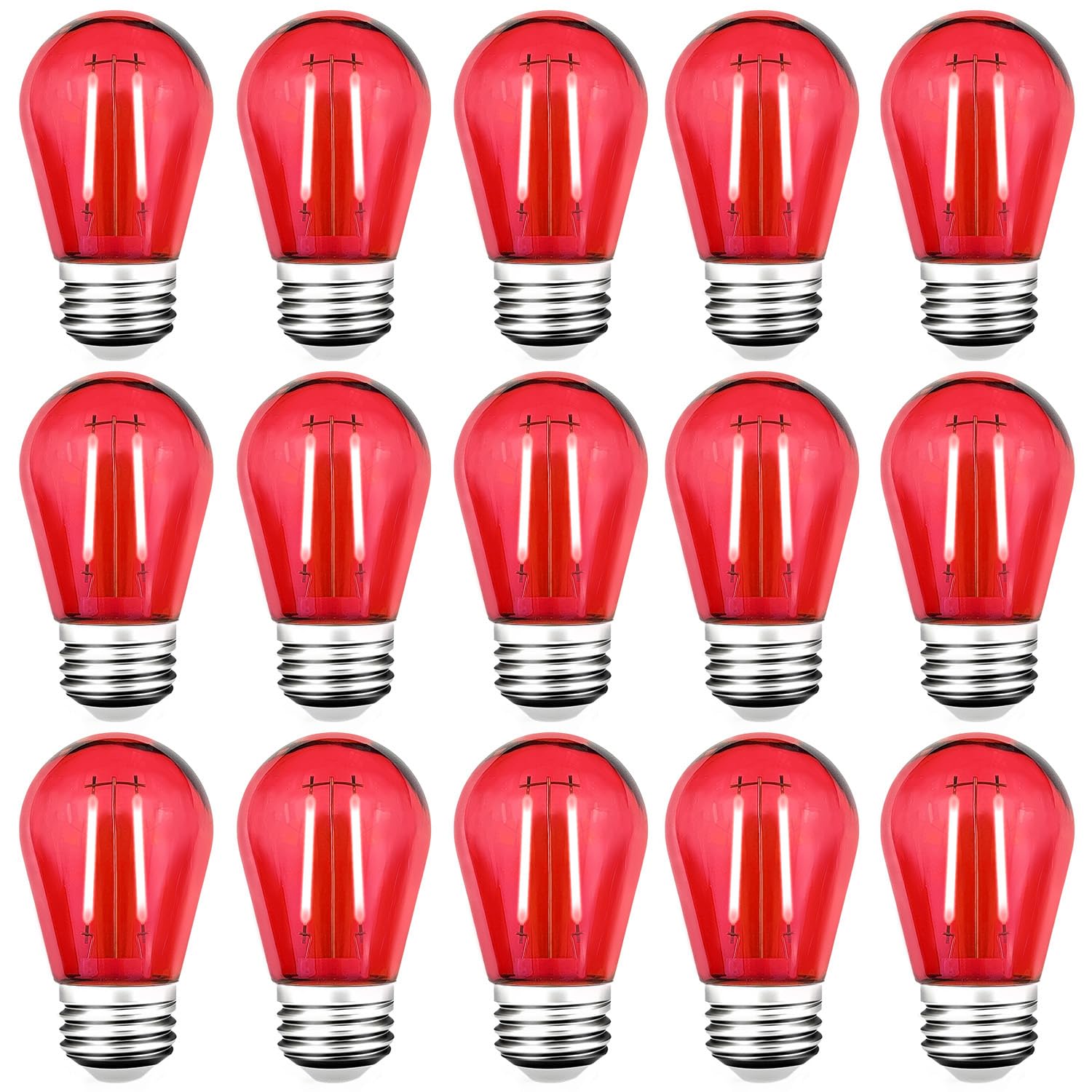 GUILEDUO 15 Pack S14 LED Red String Light Bulbs, Shatterproof 2 Watt Red Replacement Bulbs for Outdoor String Light, Waterproof Decorative E26 Base Red Filament Edison Christmas Light Bulbs, 120V
