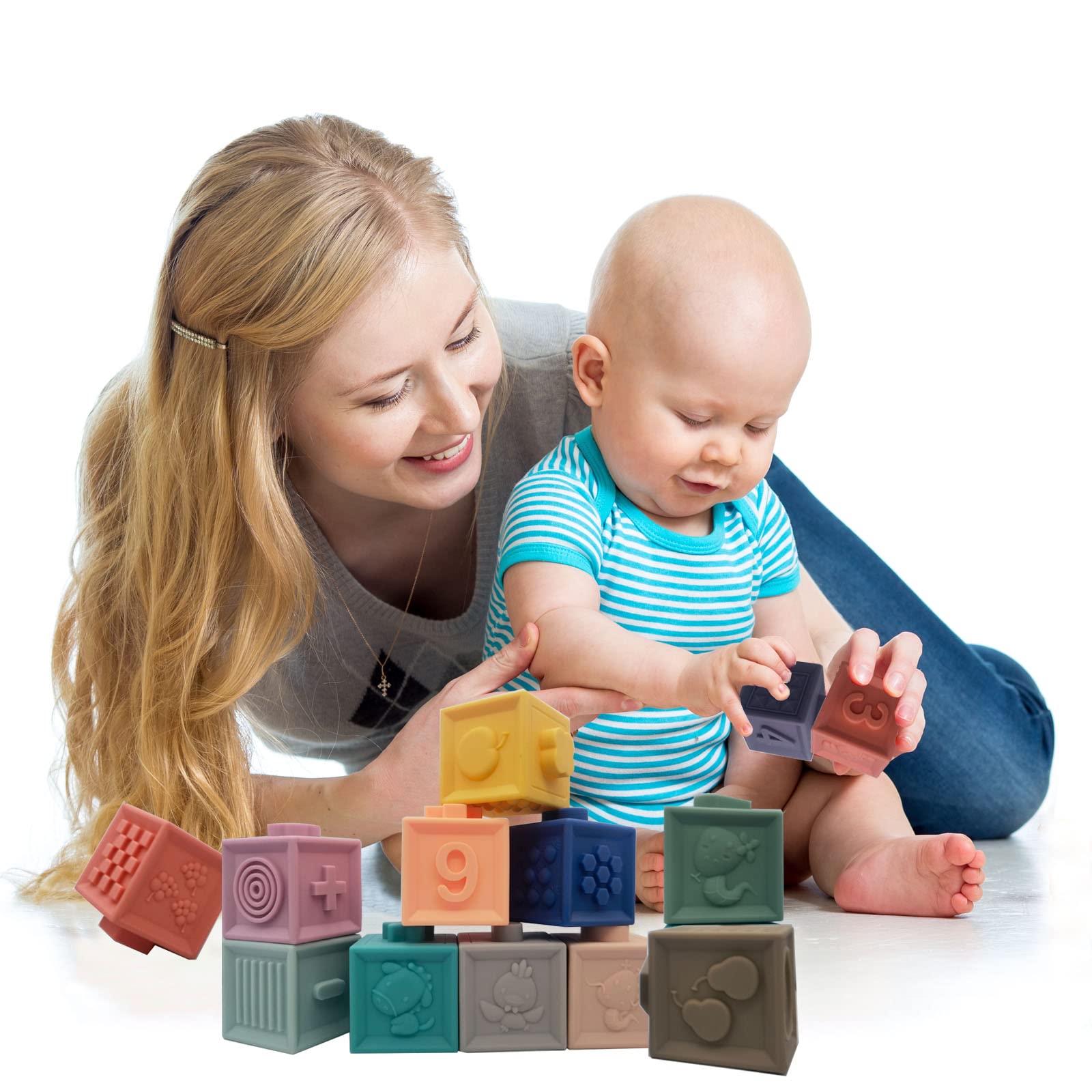 Yzata Baby Blocks Soft Building Blocks Baby Teething Toys Teethers Educational Squeeze Play with Numbers Animals Shapes Textures Gifts 6 Months and Up 12PCS